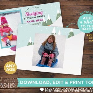 Sledging Invitation Birthday Photo Party Pink Girls Sledge Winter Snow ...