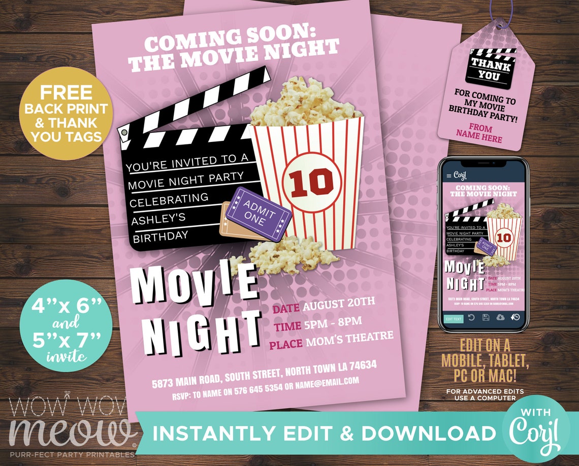 Girls Movie Night Invitation Birthday Film Party Theatre | Etsy