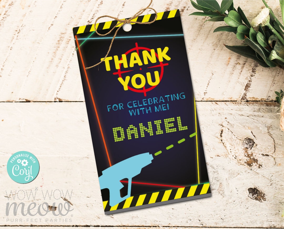 Laser Tag Thank You Tags Birthday Party Gift Tags Lazer Gun Neon Quest ...