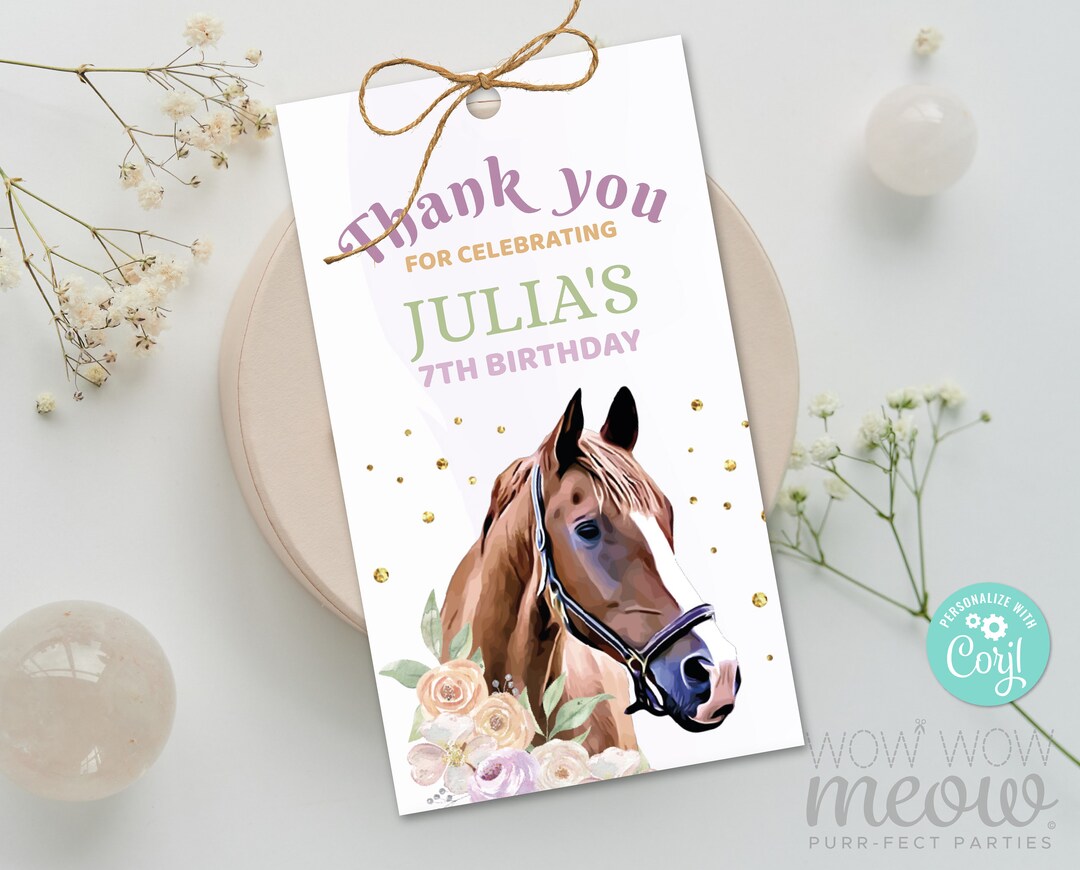 Horse Thank You Tags Birthday Pony Floral Girls - Party Gift Tags ...