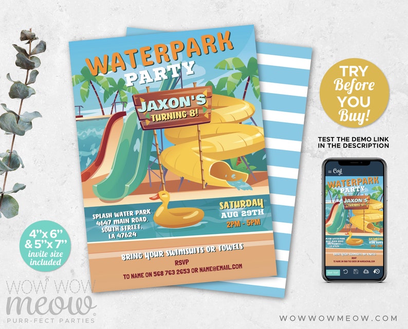 Water Park Party Invitation Waterpark Birthday Invite Pool Swimming ...
