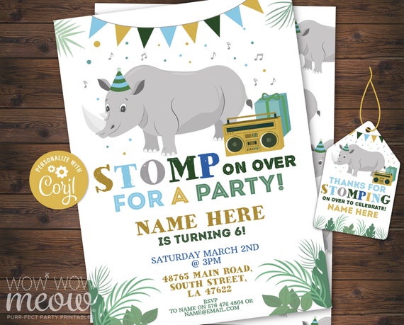 Rhino Invitation Disco Birthday Party INSTANT DOWNLOAD Boys | Etsy