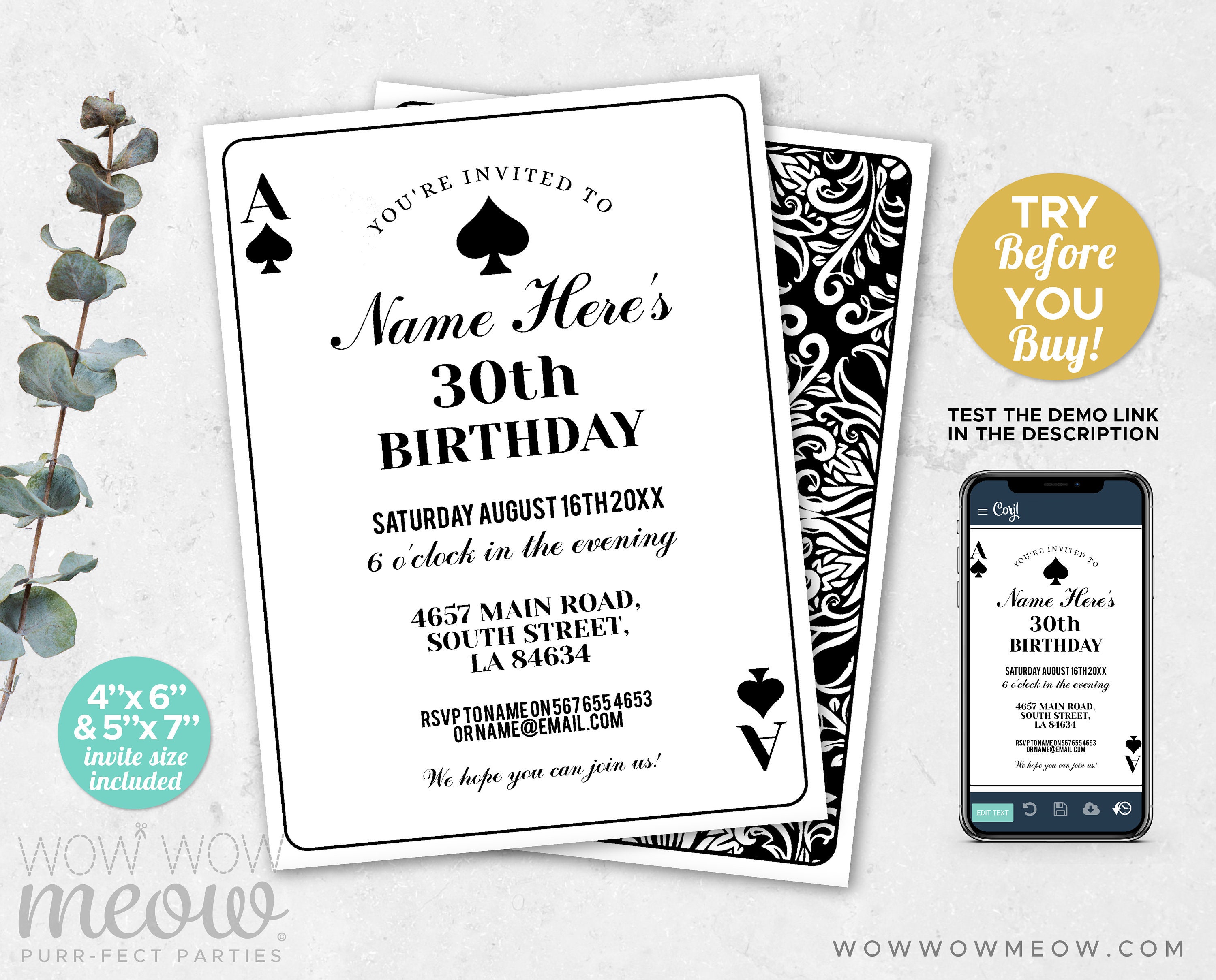 Playing Cards Birthday Invitation Any Age INSTANT DOWNLOAD Casino Las ...