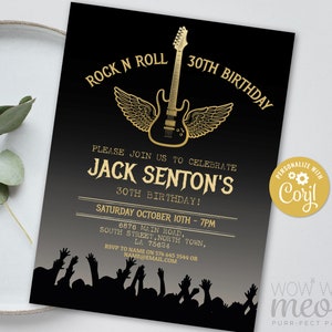 Rock Birthday Invitations N Roll Gold Party Invite Guitar INSTANT ...