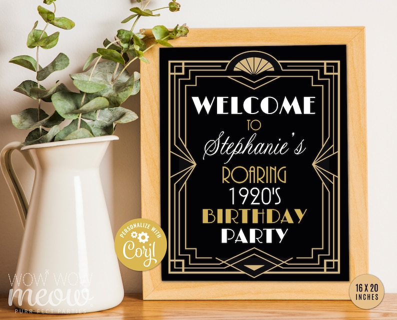 Art Deco Editable Sign Welcome Birthday Party 1920s Twenties 16 X 20 ...