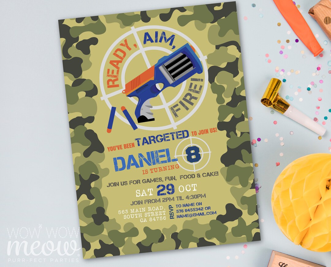EDITABLE Dart Gun Birthday Invite Battle Camouflage Army Invitation ...