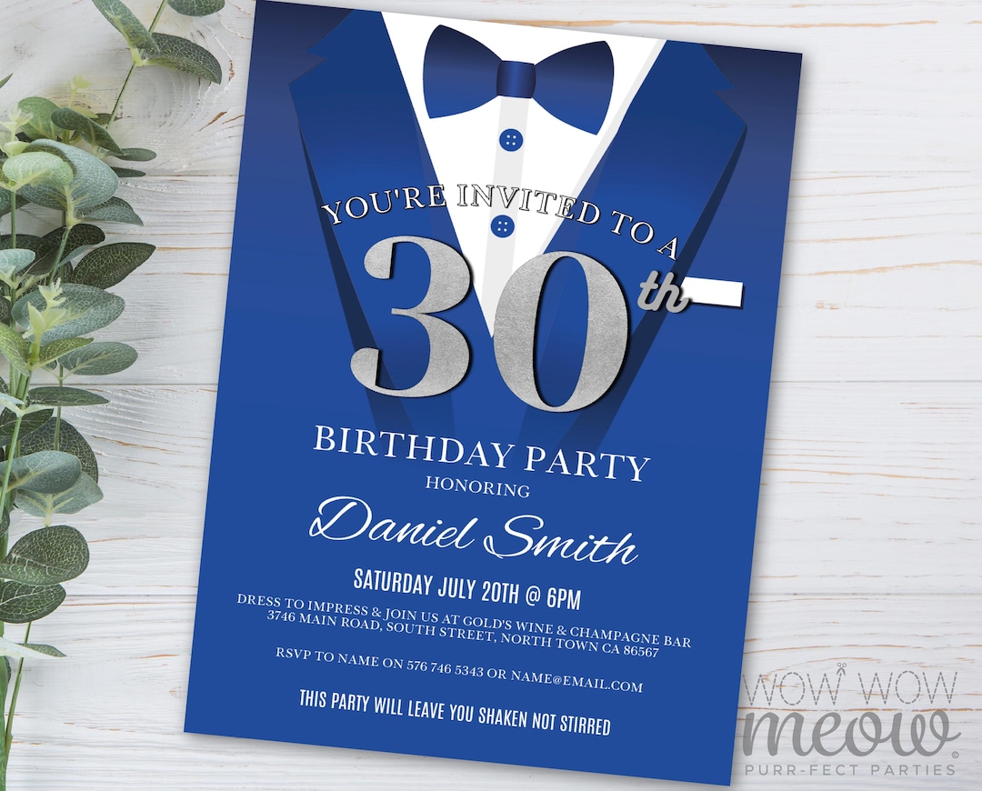 30th Birthday Royal Blue Invite Invitation THIRTY Silver Black Tie ...