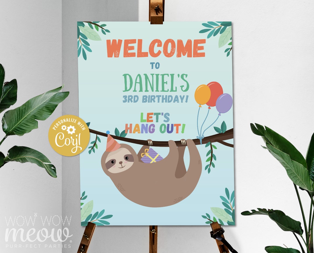 Sloth Birthday Welcome Sign Girls Party Blue Boys Editable Party Poster ...