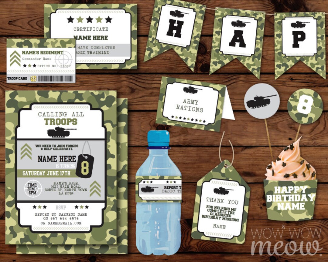 Camouflage Army Party Package Invitation Birthday Military Troops Tag ...