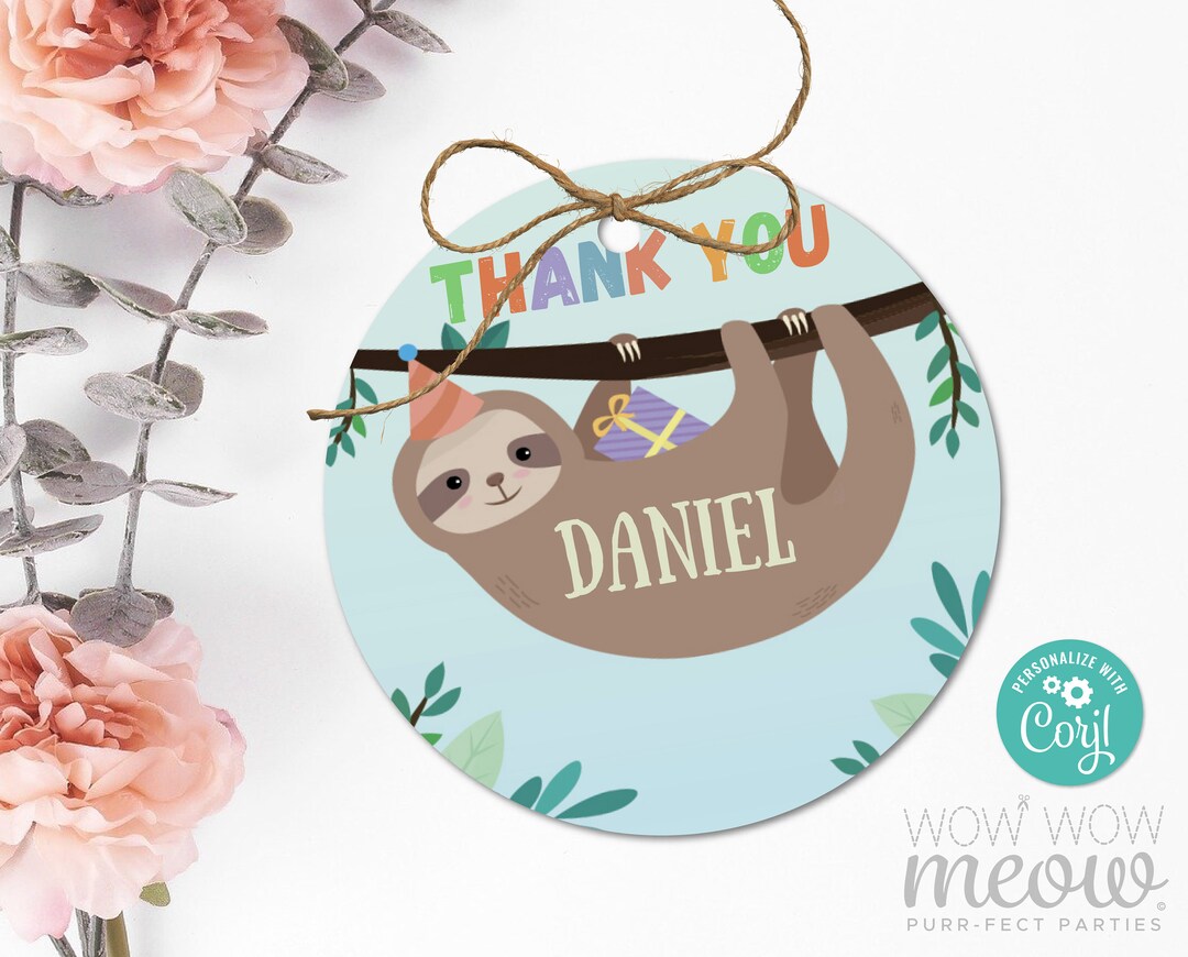 Sloth Birthday Thank You Blue Tags Birthday Party Hang Out Wild Gift ...