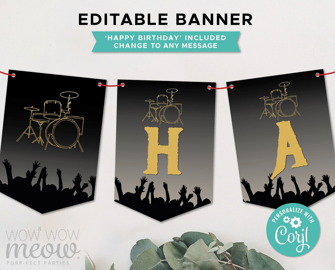 Drums Rock N Roll Party Banner Birthday Bunting Flags Festival Gig Band ...