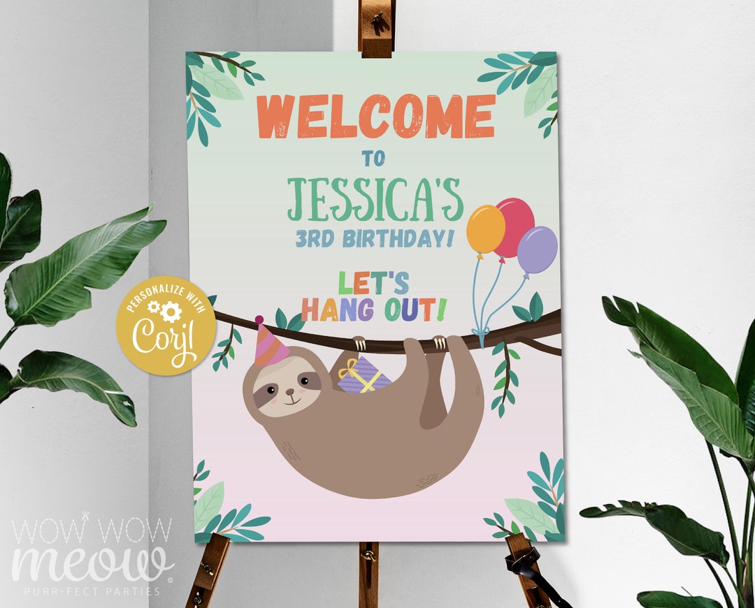 Sloth Birthday Welcome Sign Girls Party Mint Pink Editable Party Poster ...