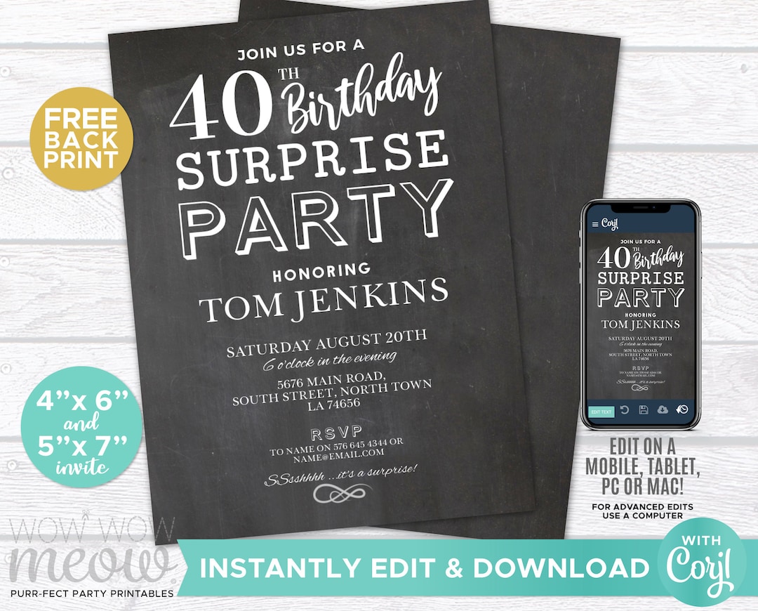 Surprise 40th Birthday Invitations Elegant Chalk Party Invite 40 Forty ...