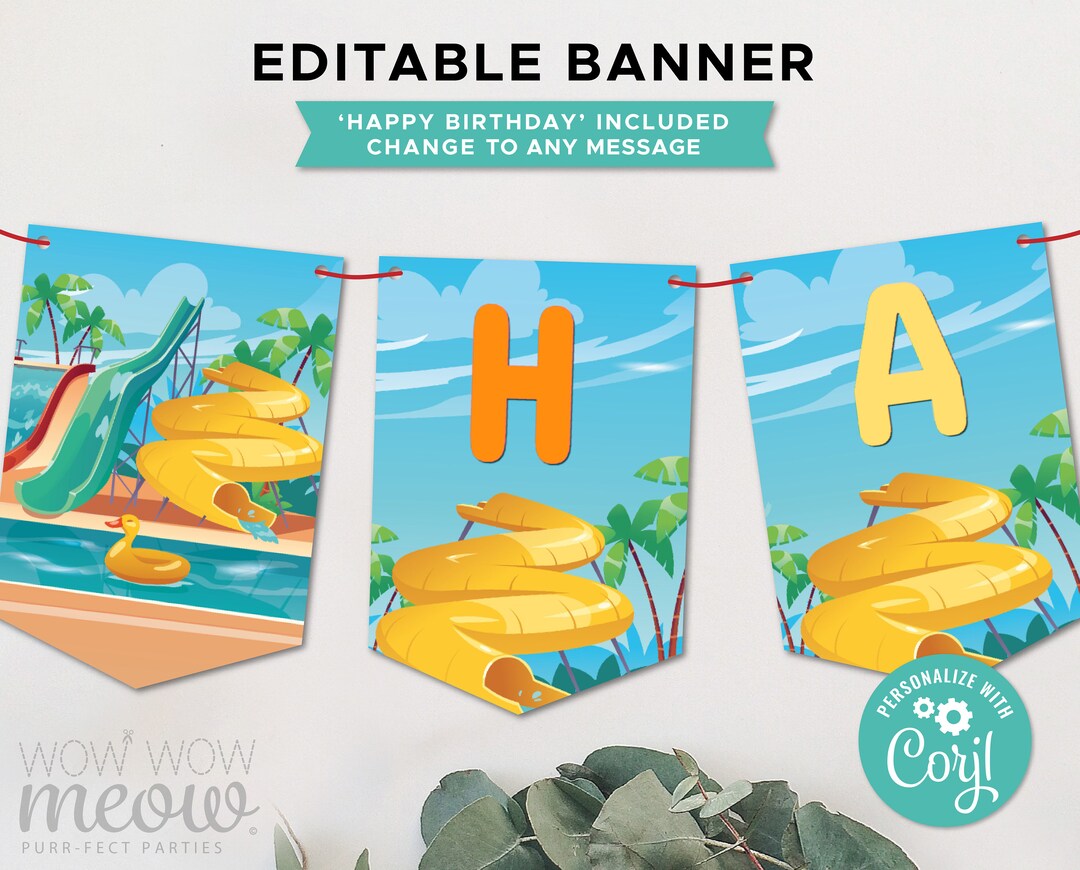 Water Park Party Birthday Banner Waterpark Swimming Pool Slide Editable ...