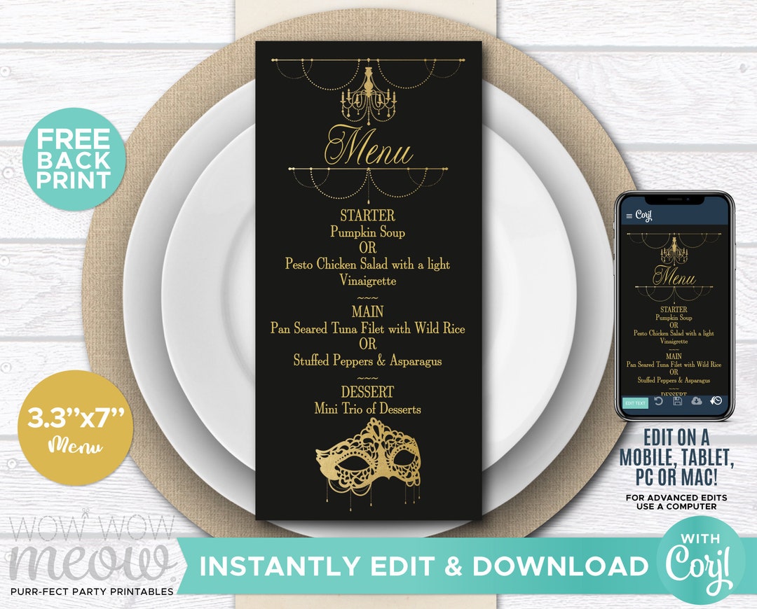 Masquerade Menu Dinner Template Wedding Gold Black INSTANT DOWNLOAD Set ...
