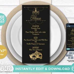 Masquerade Menu Dinner Template Wedding Gold Black INSTANT DOWNLOAD Set ...