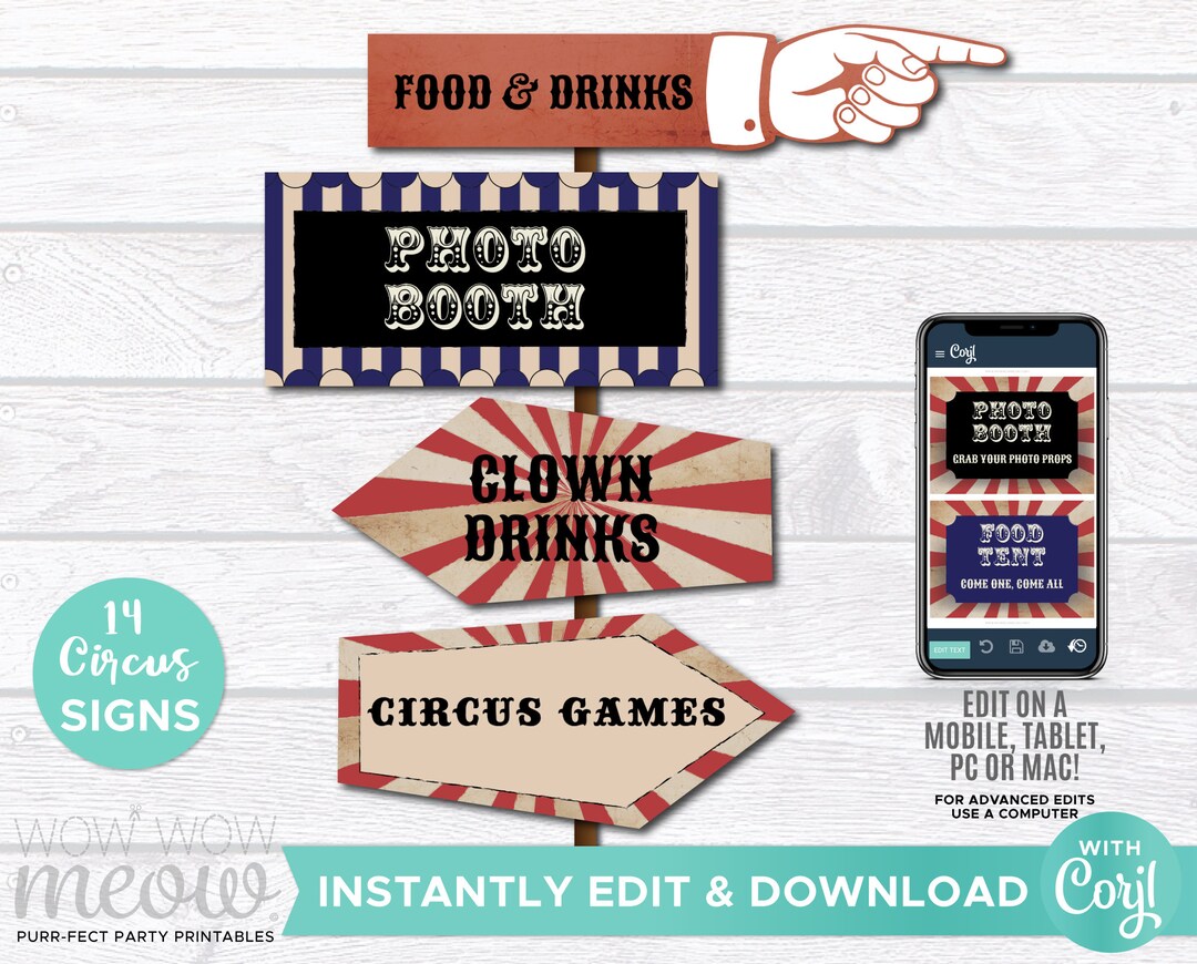 14 Vintage Circus Signs Printable INSTANT DOWNLOAD Party Direction ...