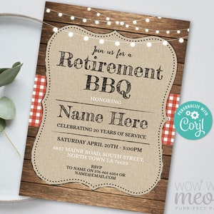 Retirement BBQ Invitation Retired Invite Rustic Garden Party Red Wood ...