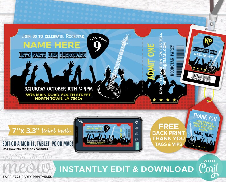 Festival Invitations Music Rockstars Invite Boys Blue Gig - Etsy