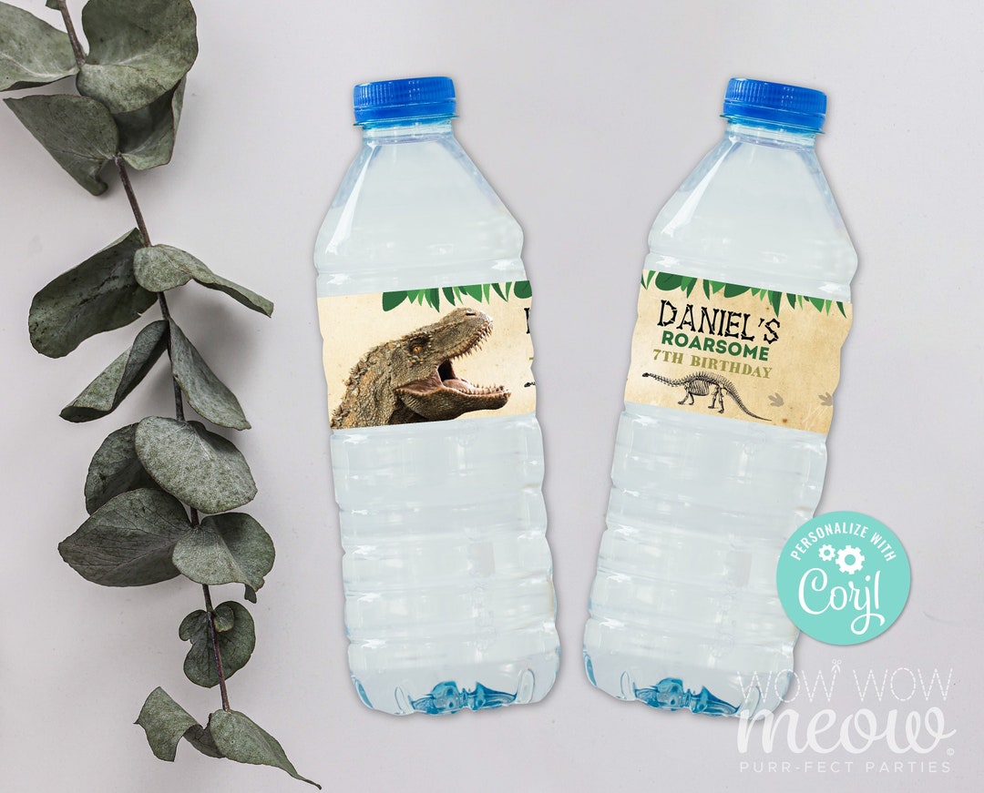 Dinosaur Water Bottle Labels T-rex Editable Dino Jurassic Birthday ...