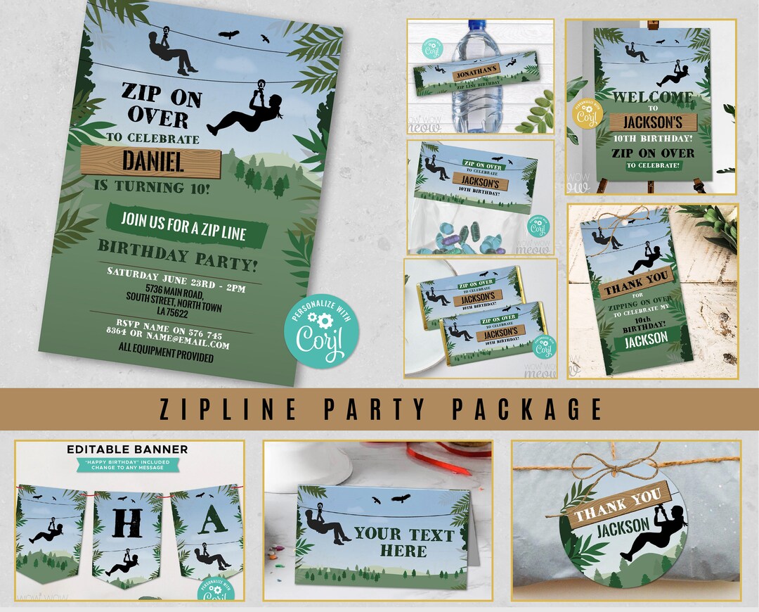 Zip Line Party Birthday Bundle EDITABLE Invitations Outdoor Tree Top ...