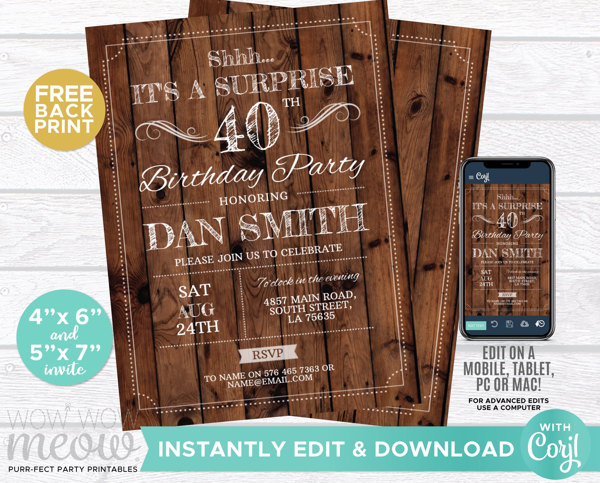 SURPRISE 40th Birthday Invitation Rustic Wood Forty 40 Invite | Etsy