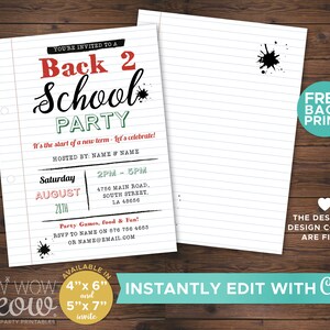 Back to School Party Invitations INSTANT DOWNLOAD Note New Term 2 ...