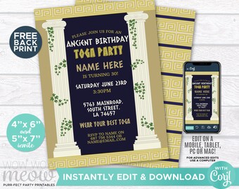 Toga Birthday Ancient Roman Invitation Invite Party INSTANT | Etsy