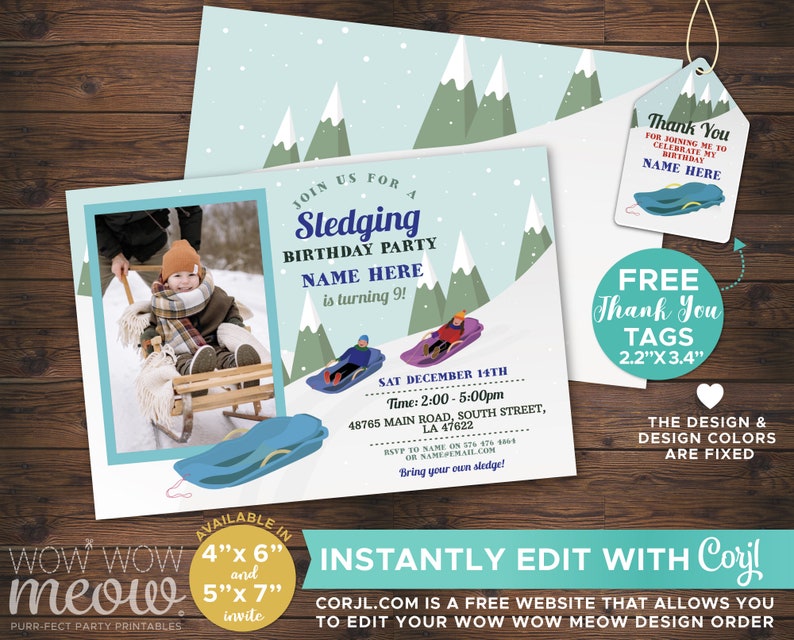 Sledging Invitation Birthday Boys Photo Party Sledge Winter | Etsy