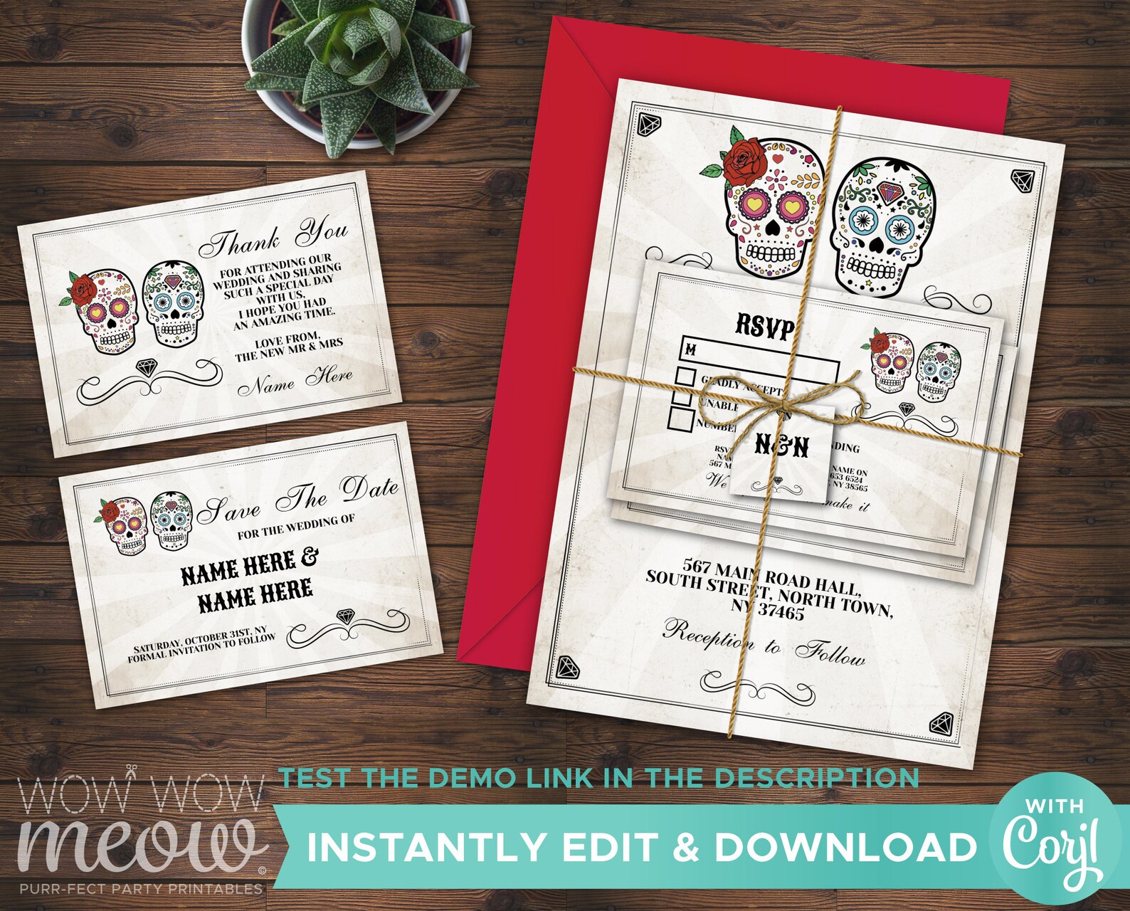 Sugar Skull Wedding Invitations Set Template Rustic Package Printable ...
