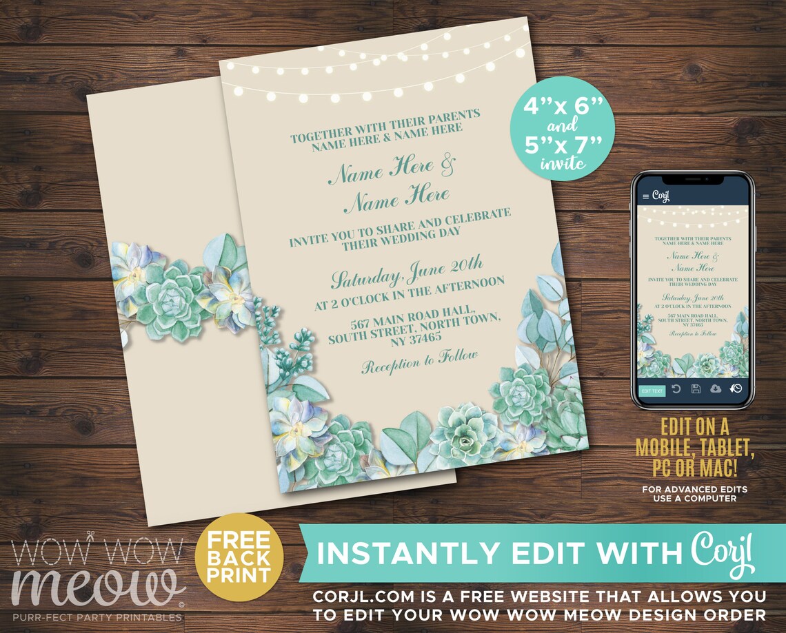 Wedding Invitations Set Template Succulents Rustic Package - Etsy