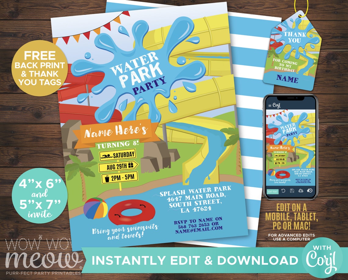 Water Park Party Invitation Waterpark Birthday Invite Pool Swimming ...