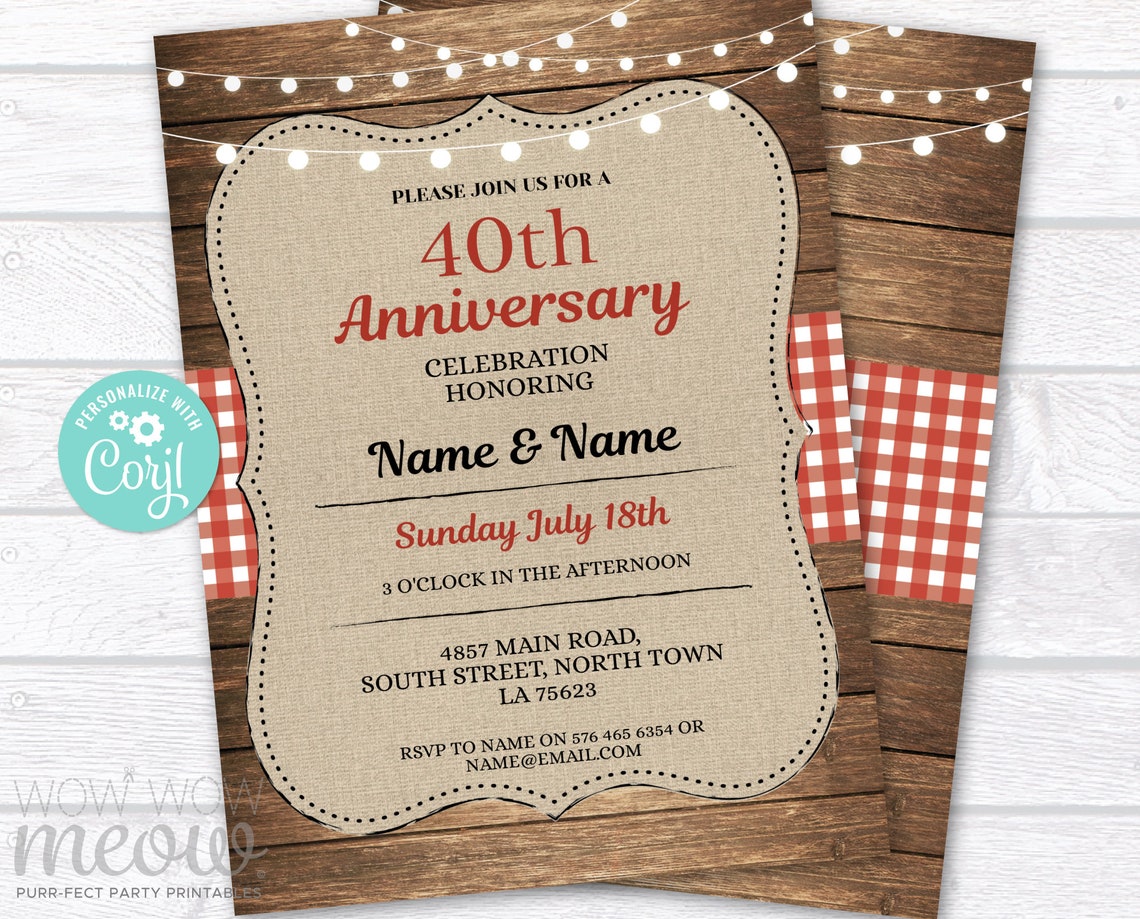 Wedding Anniversary Invitations Rustic Red Check Dinner Elegant Invite ...