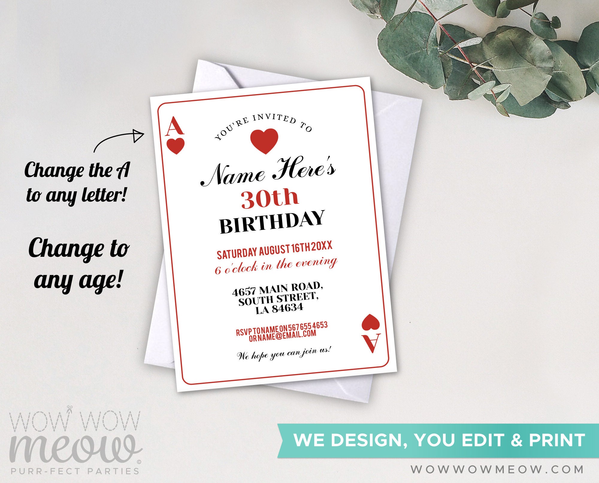 Playing Cards Birthday Invitation Any Age INSTANT DOWNLOAD Casino Heart ...