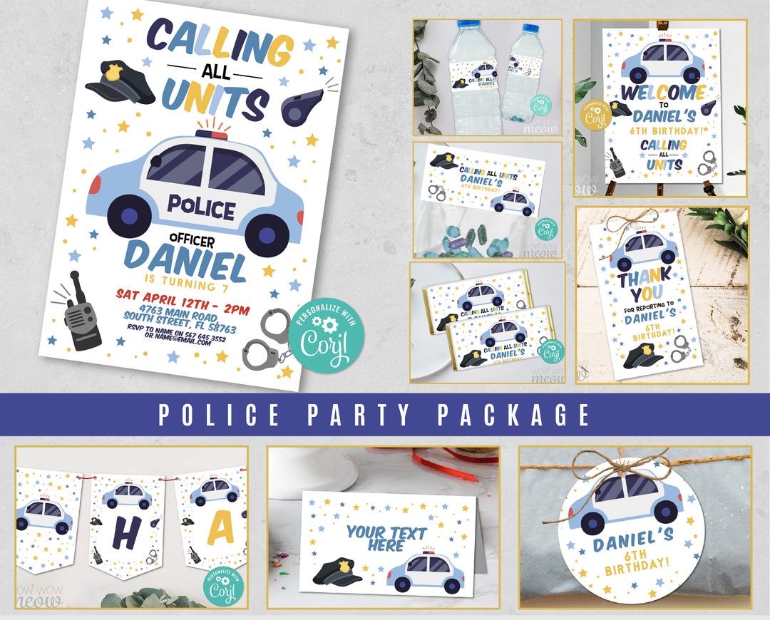 Police Party Birthday Cops Bundle Package EDITABLE Invitation Boys Blue ...