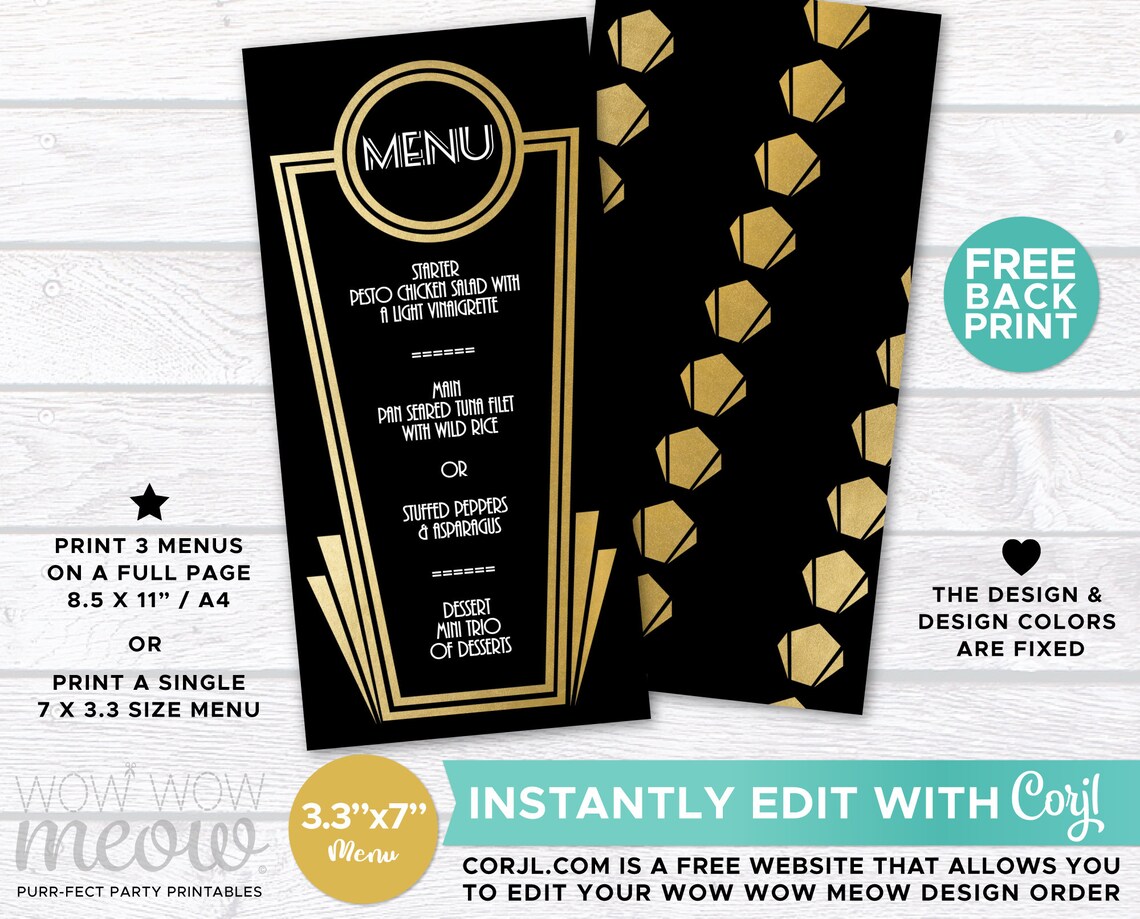 1920's Menu Dinner Template Wedding Gatsby Package INSTANT | Etsy