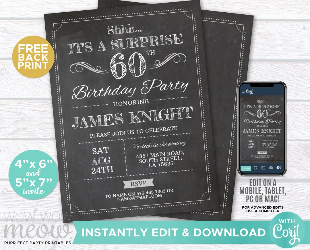 Surprise 60th Birthday Invitations SIXTY Invite Chalk Board Party ...