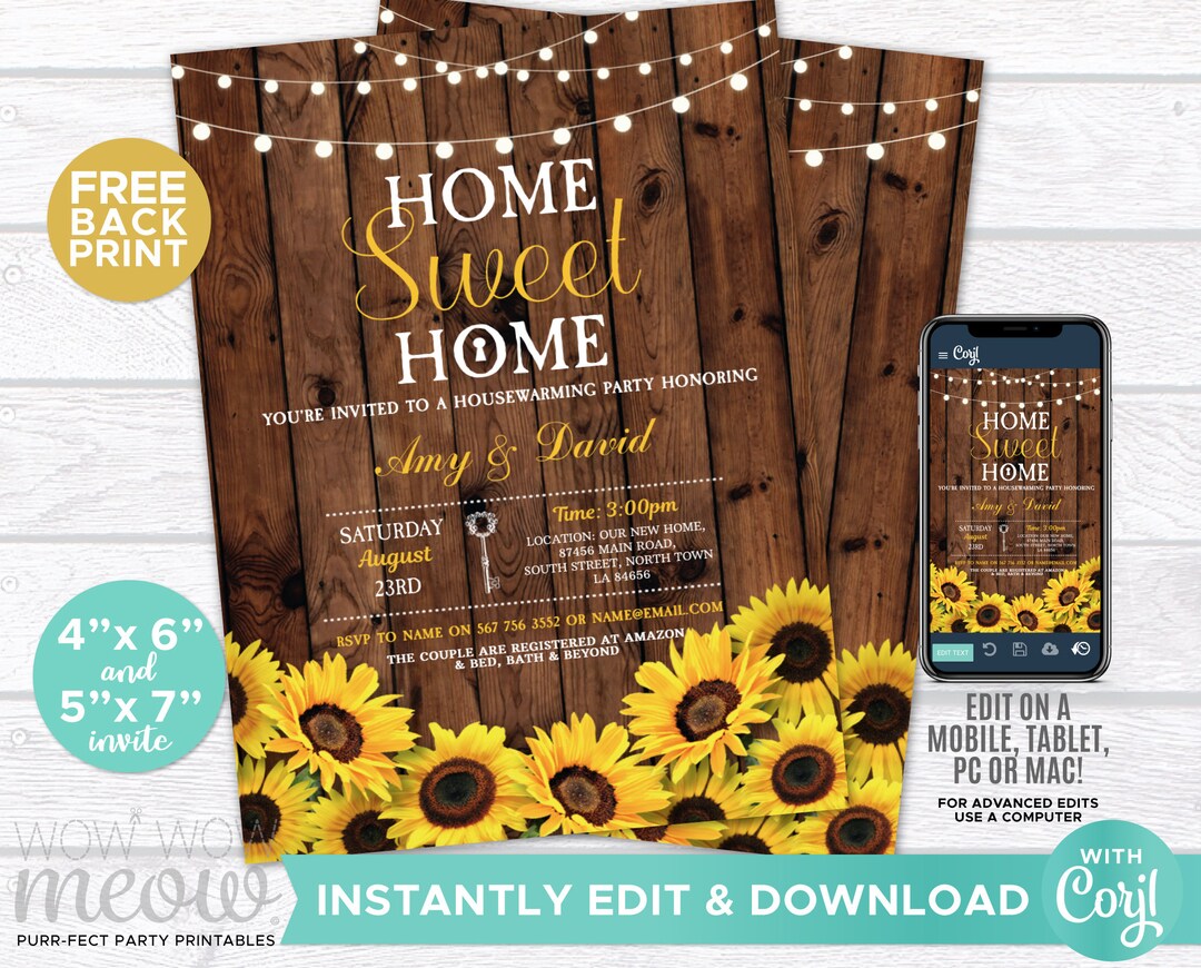 Housewarming Invite New House Invitation Sunflower Wood Home Sweet Home ...