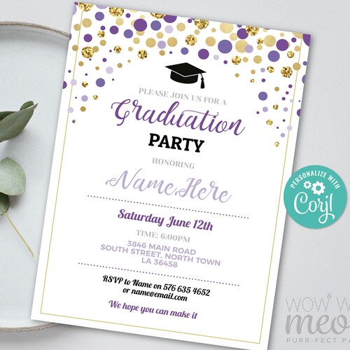 Purple and Gold Graduation Invitation Instant Download - Etsy