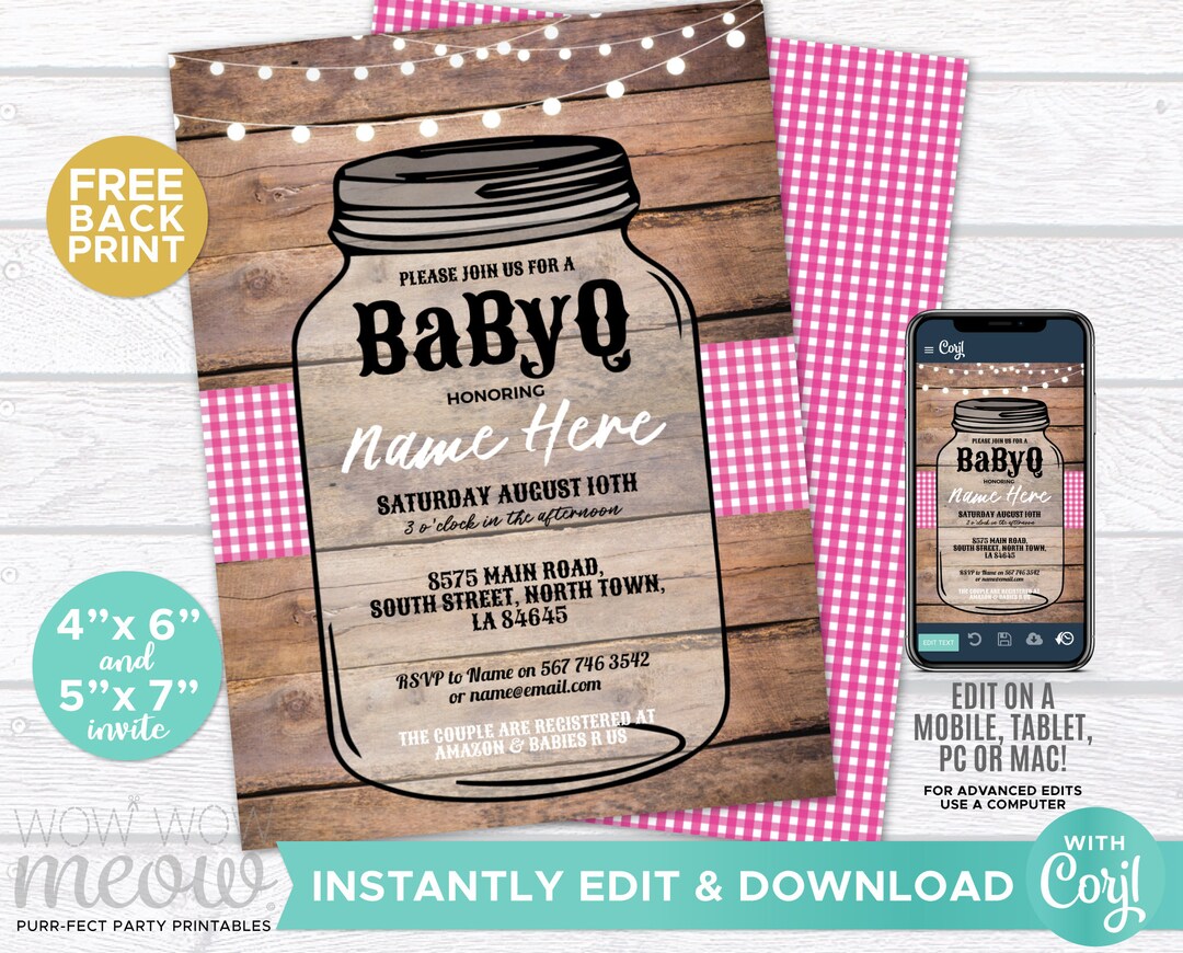 BABYQ Invitation Baby Shower BBQ Invites Instant DOWNLOAD It's A Girl ...