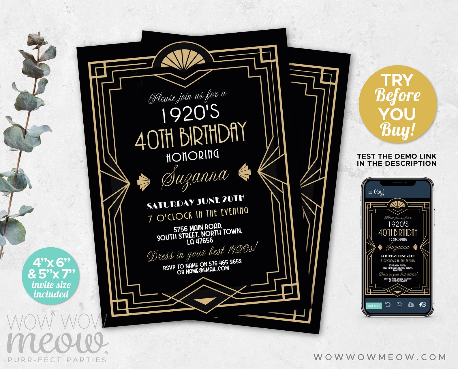 1920 Birthday Invite Art Deco Roaring 20s Invitation Party INSTANT ...