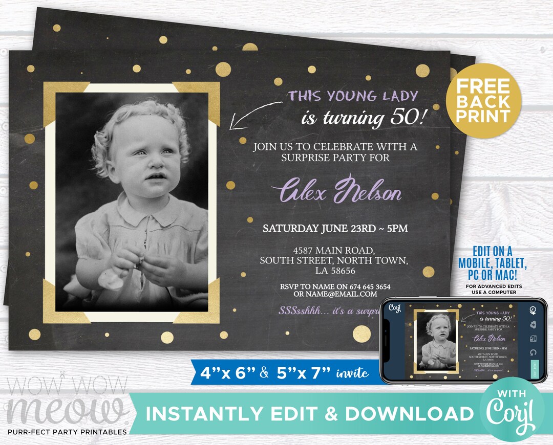 Birthday Photo Invite Gold Frame Party Invitation INSTANT DOWNLOAD ...