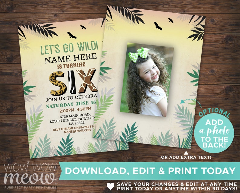 Six Jungle Invitation 6th Birthday Invite Safari Wild INSTANT | Etsy