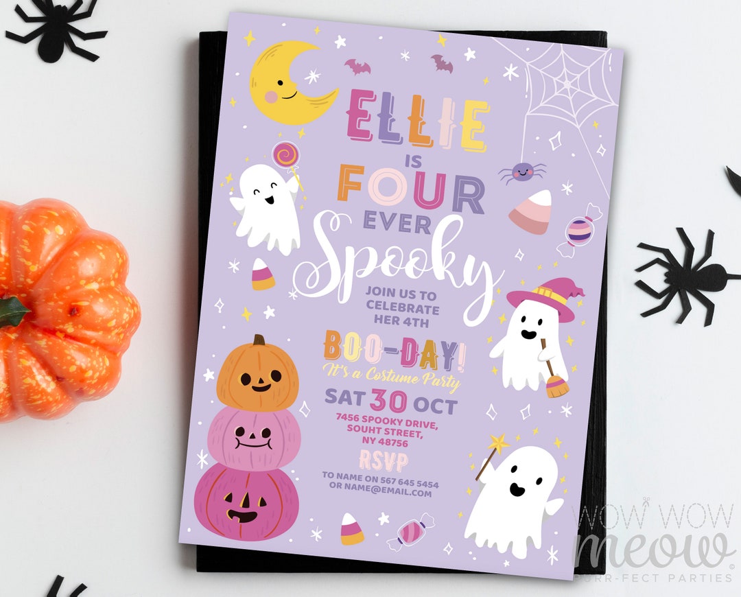 EDITABLE Four Ever Spooky Halloween Birthday Invitations 4th Cute Girls ...