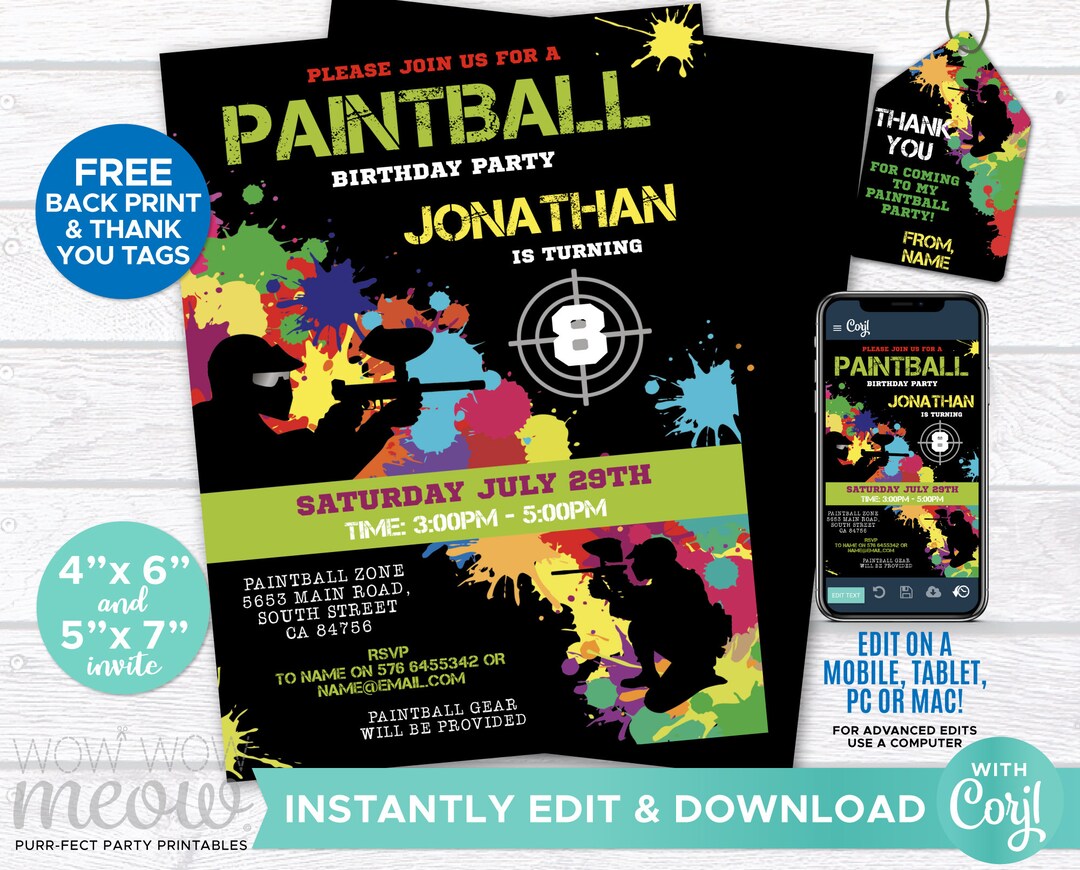 Paintball Invitations Birthday Party Invites Paint Ball Girls - Etsy