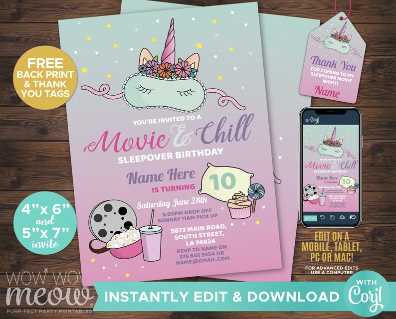 Girls Movie Night Invitation Sleepover Birthday Film Party | Etsy