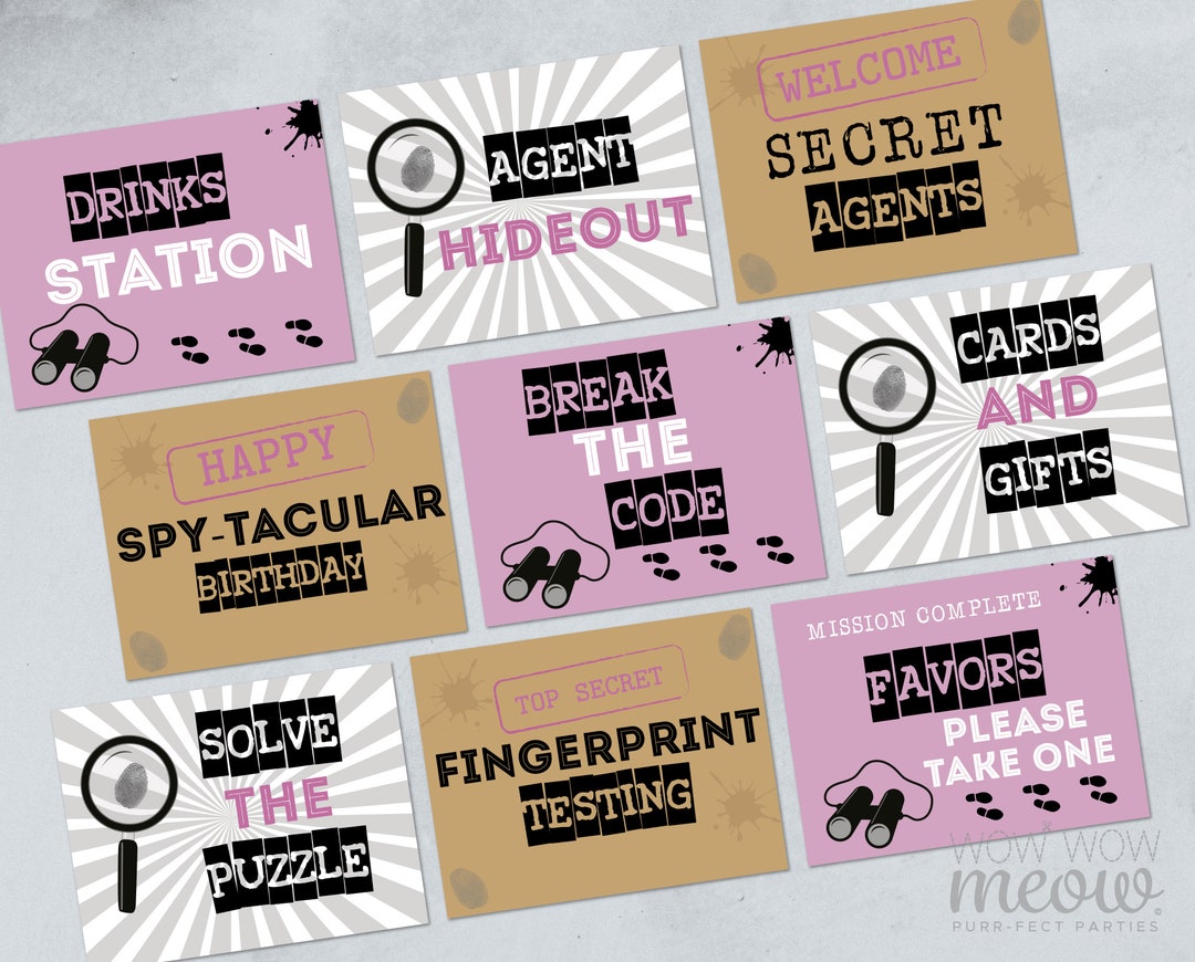 Spy Party Signs Detective Secret Agent Pink Editable Posters Girls ...