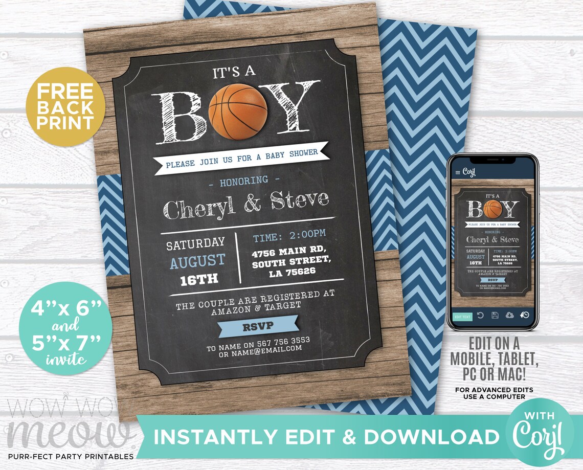 Basketball Baby Shower Invitations Chalk Invite Sports INSTANT - Etsy