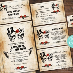 Skull Wedding Invitation Set Template Rustic Package Printable Invites ...