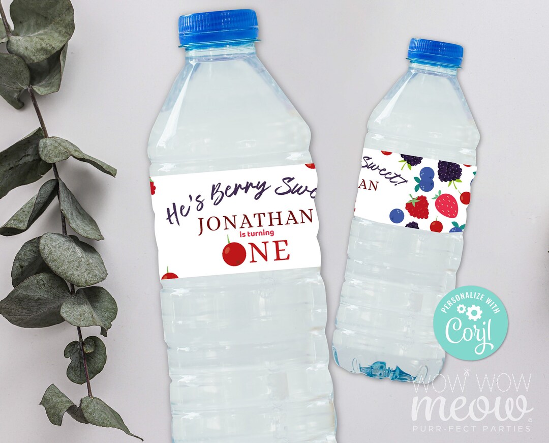 Berry Sweet First Water Bottle Labels Editable Birthday Party Raspberry ...